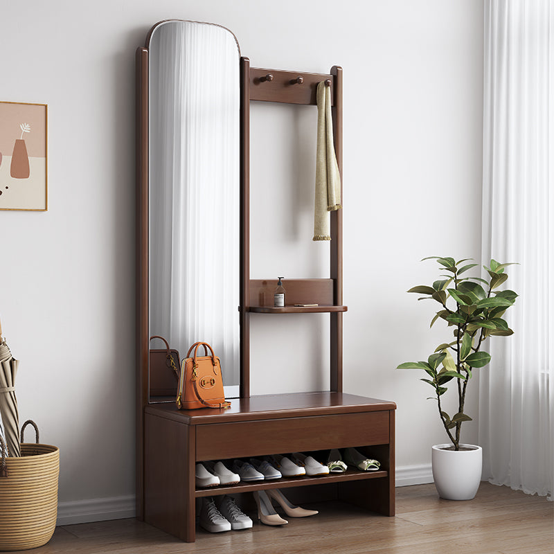 Solidwood Shoe Bench Coat Rack With Mirror In Walnut Colour/Entrance H ...