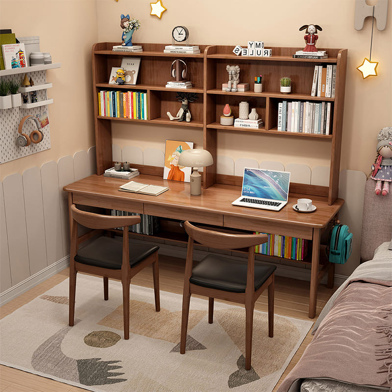 Trejan Walnut Solid Wood Study Desk with Book Shelves and Drawers/Rubb ...