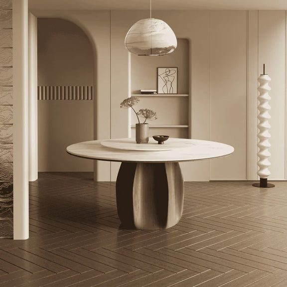 Themis Marble With Extra Timber Veneer Round Dining Table /Solid Timbe ...