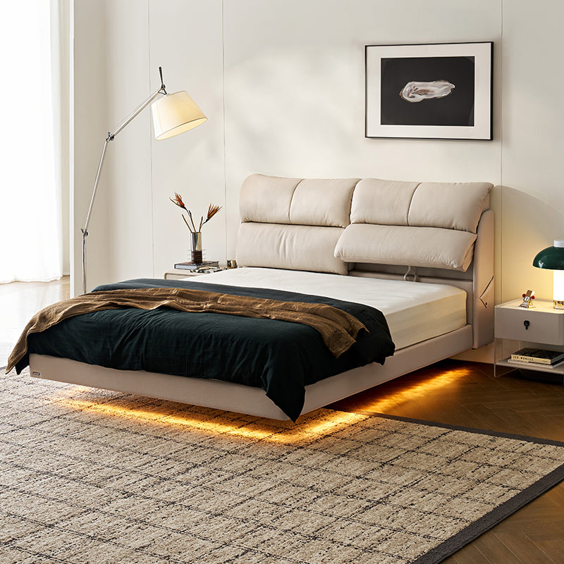 Hilda King Size Top-grain Leather Fabric Bed Frame With Lighting For B ...