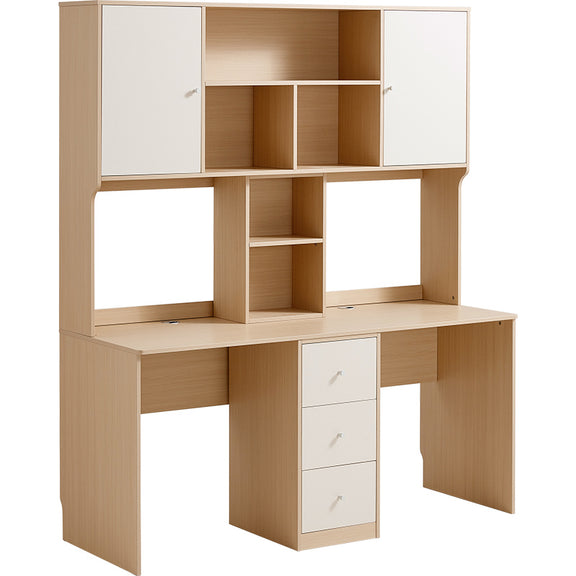 Natural Wood and White Dual-Tone Double Workstation Study Desk with Sh ...